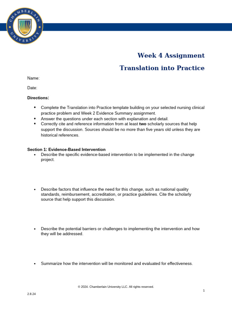 W4 NR451 Translation Into Practice Assignment Template v2 | PDF | Evidence Based Medicine ...