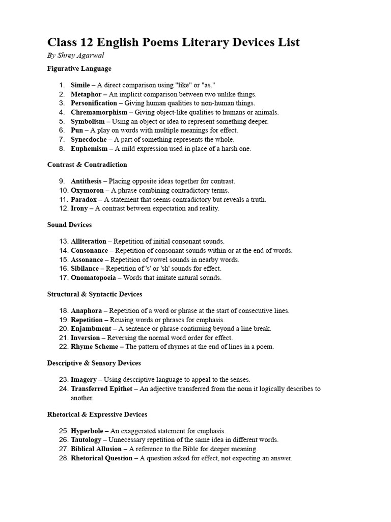 Class 12 Literary Devices Overview | PDF
