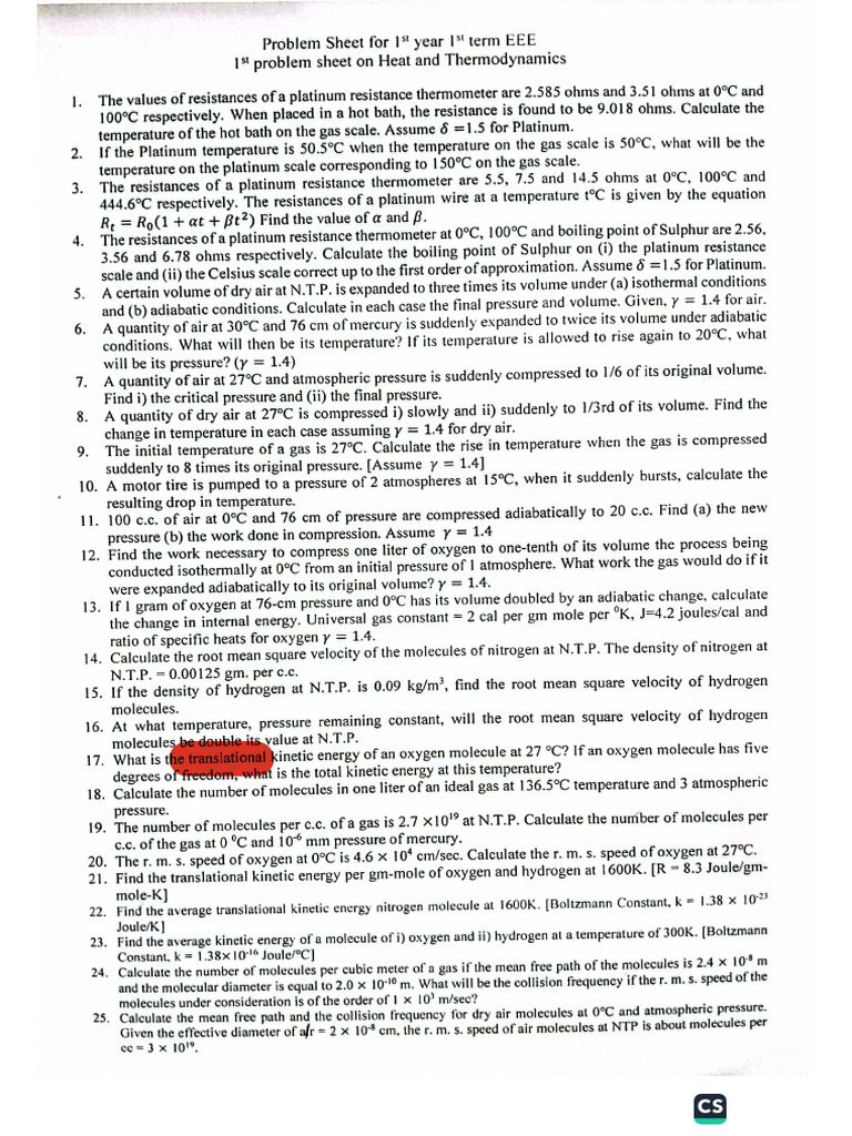 1-1 Phy-1103 Heat and Thermodynamics Problem Sheet | PDF