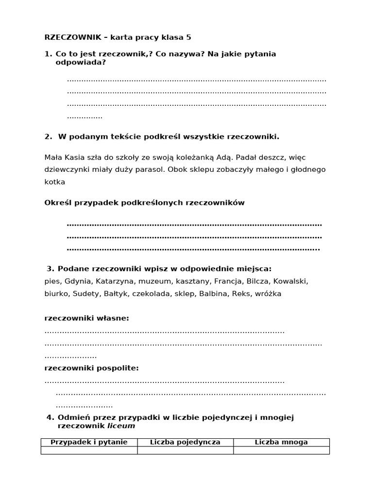 RZECZOWNIK - Karta Pracy | PDF