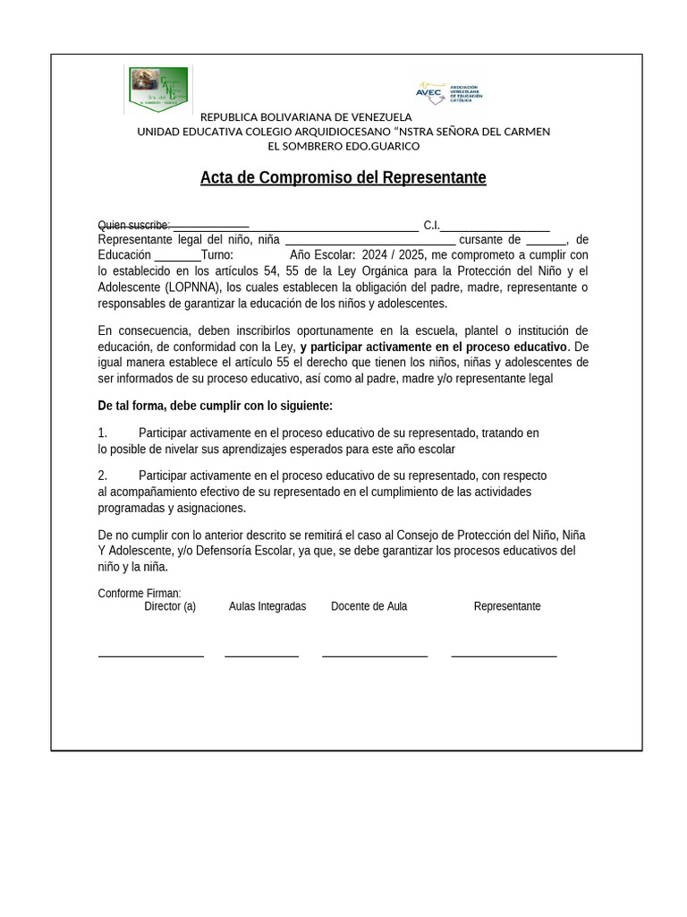 Acta de Compromiso Del Representante | PDF