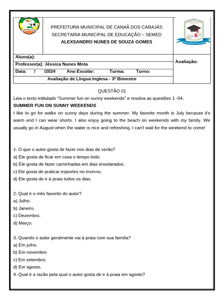 Avaliação de Língua Inglesa - EMEF Alexsandro Nunes | PDF