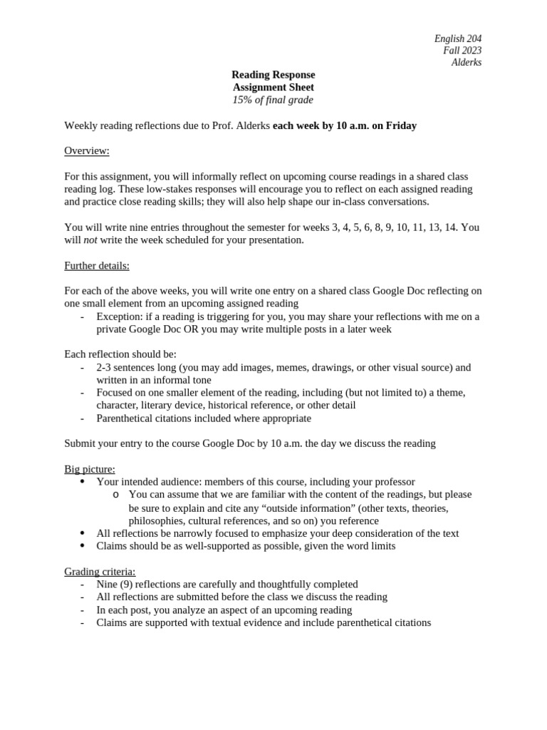 Reading Response Assignment Sheet Fall 2023 U Don't Need This | PDF | Human Communication ...