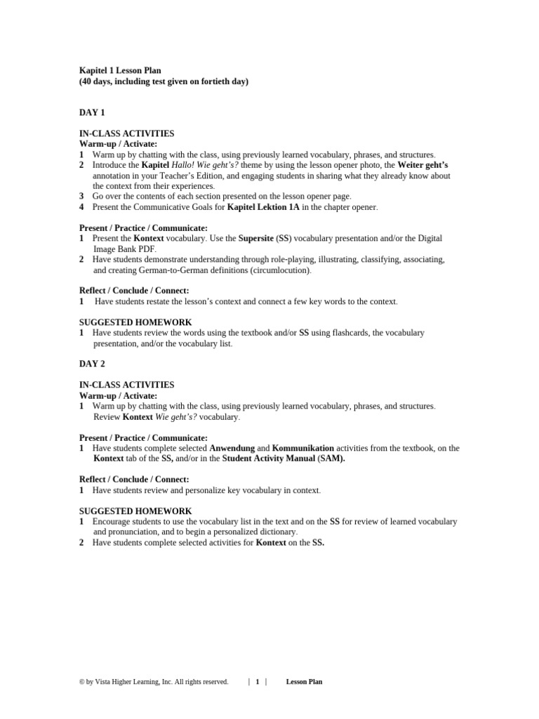 Grade 1 German Lesson Plan Overview | PDF | Vocabulary | Lesson Plan