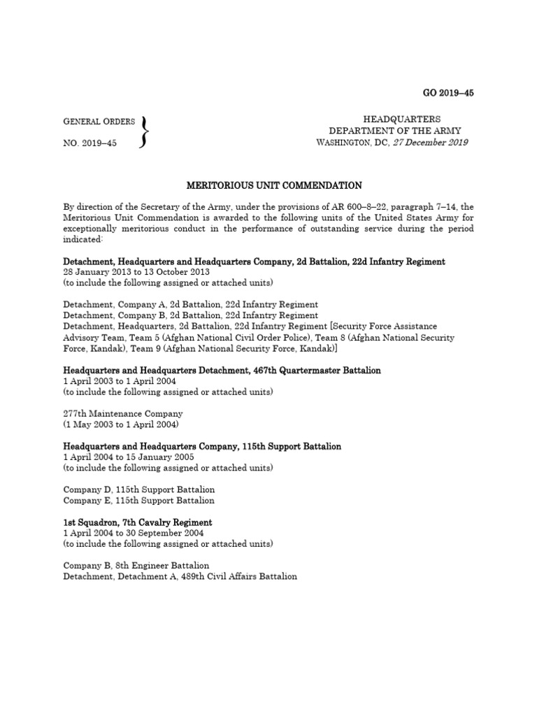 Army Meritorious Unit Awards | PDF | Battalion | Company (Military Unit)