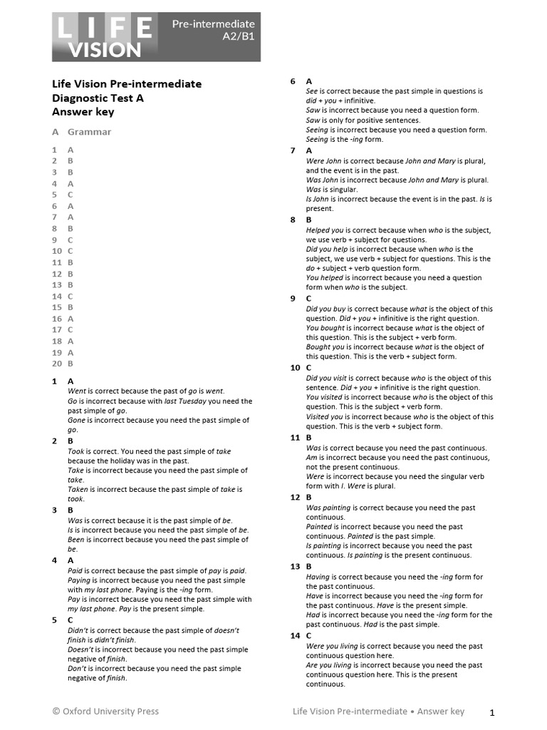 Lif Visi Preint Diagnostic A Answer Key | PDF | Verb