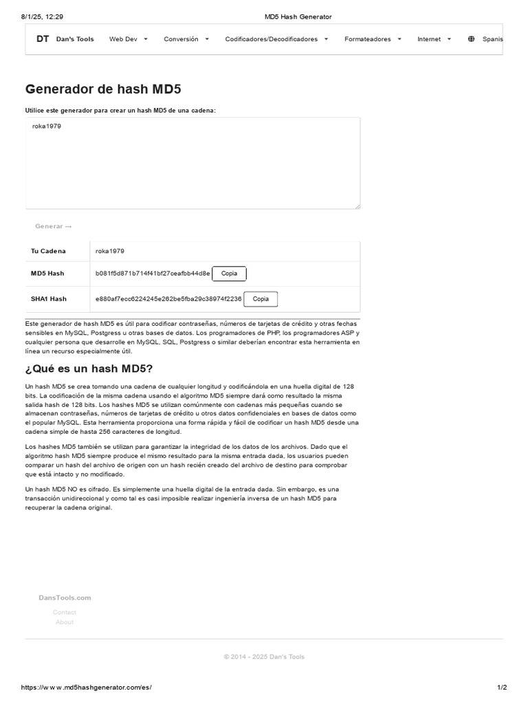 MD5 Hash Generator | PDF | Mi sql | Contraseña