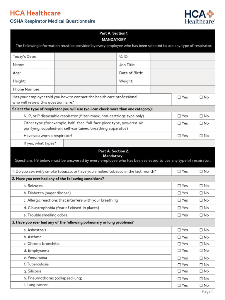 HCA Healthcare: OSHA Respirator Medical Questionnaire | PDF | Cough ...
