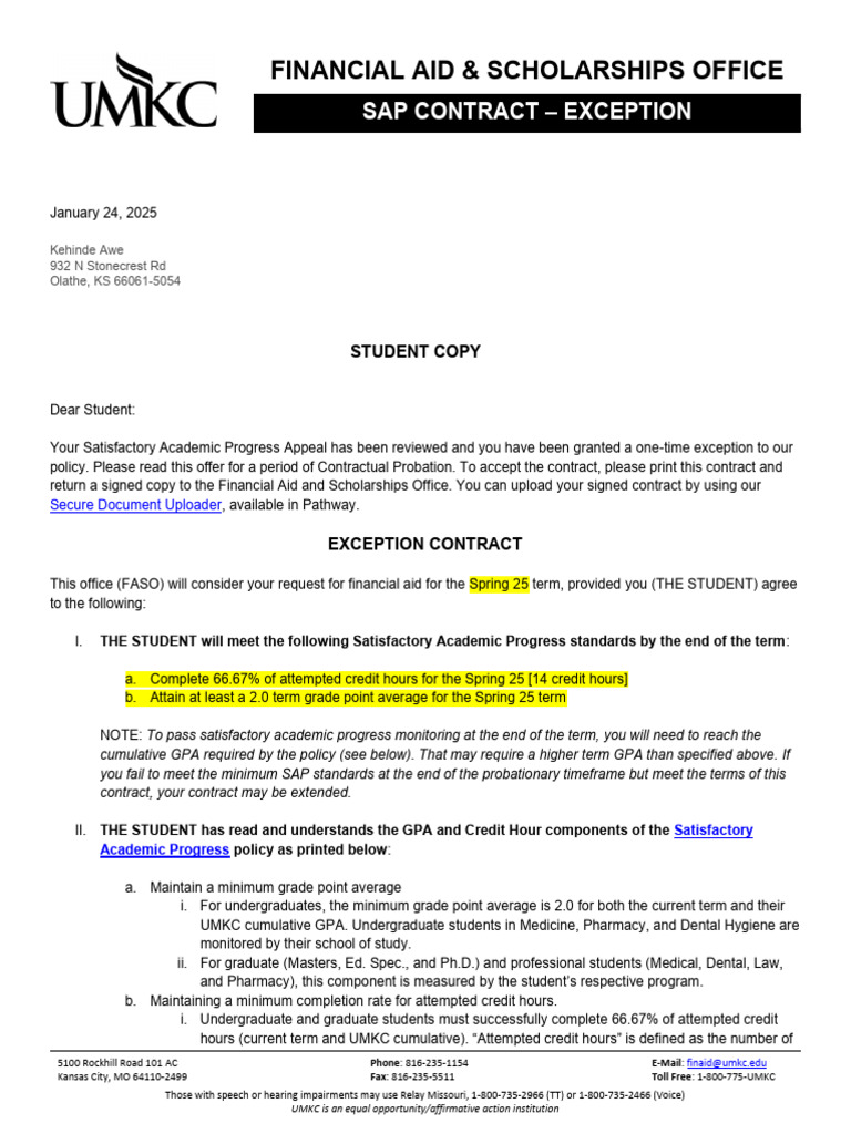 UMKC SAP Exception Contract Notice | PDF | Course Credit | Student ...
