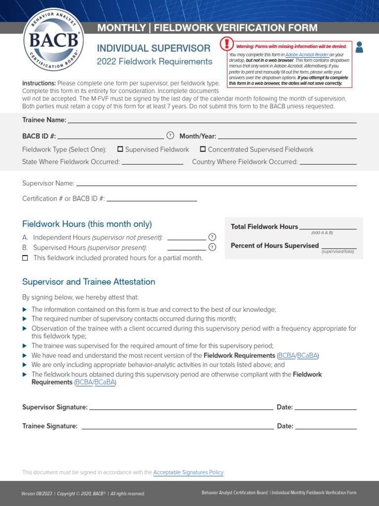 BACB Monthly Fieldwork Verification Form Individual 240201 A | PDF