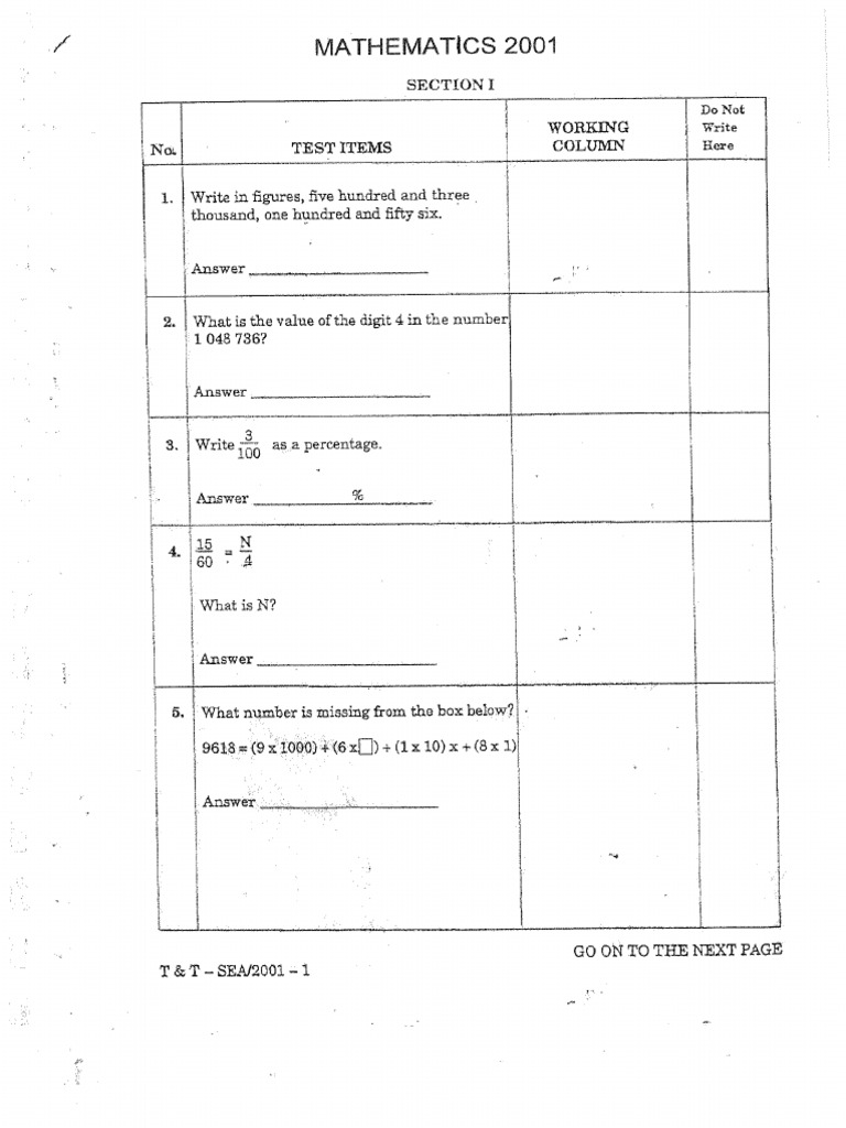 SEA Past Paper 2001 | PDF