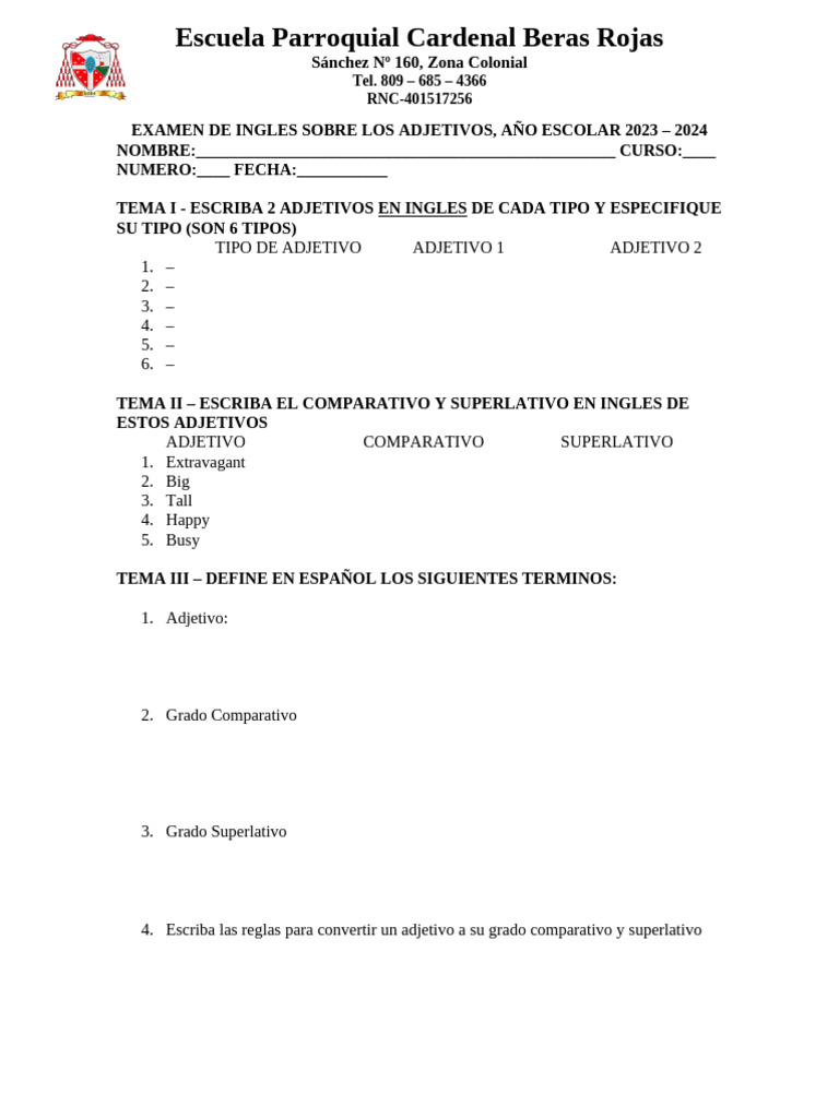 Examen Adjetivos | PDF