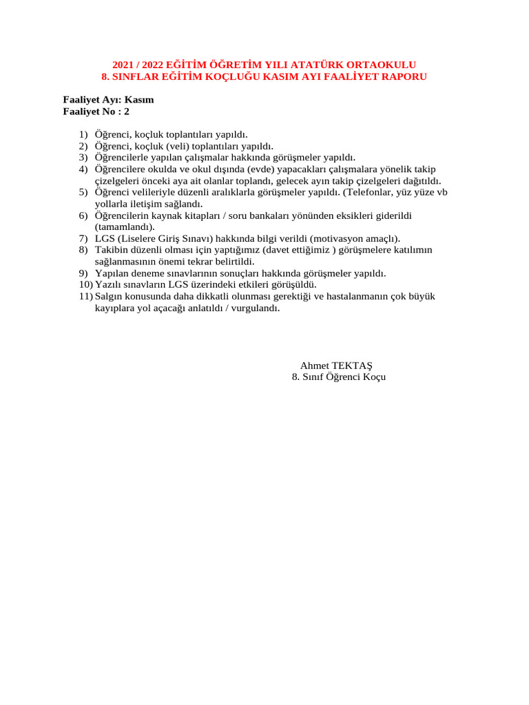 Ogrenci Kocluk Kasim Ayi Faaliyet Raporu | PDF