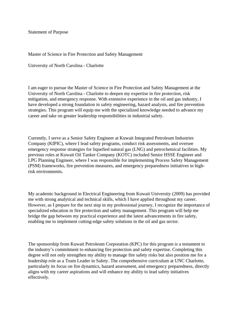 Master's in Fire Safety Management Statement | PDF | Safety | Emergency ...