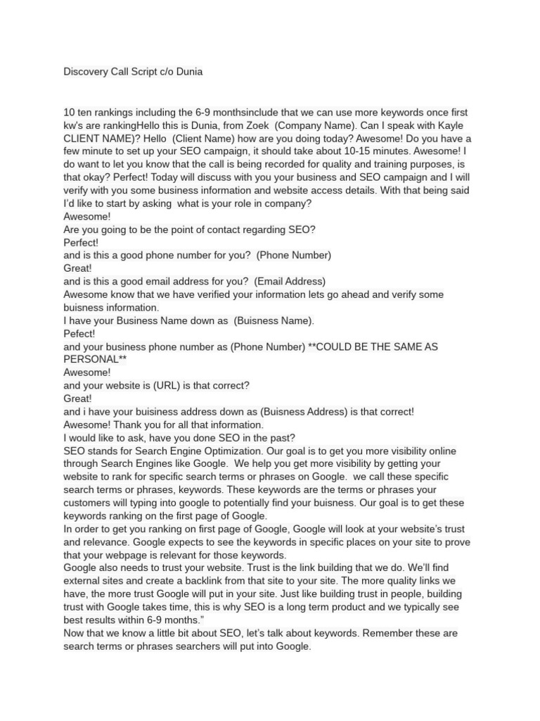 SEO Discovery Call Script Guide | PDF | Search Engine Optimization ...