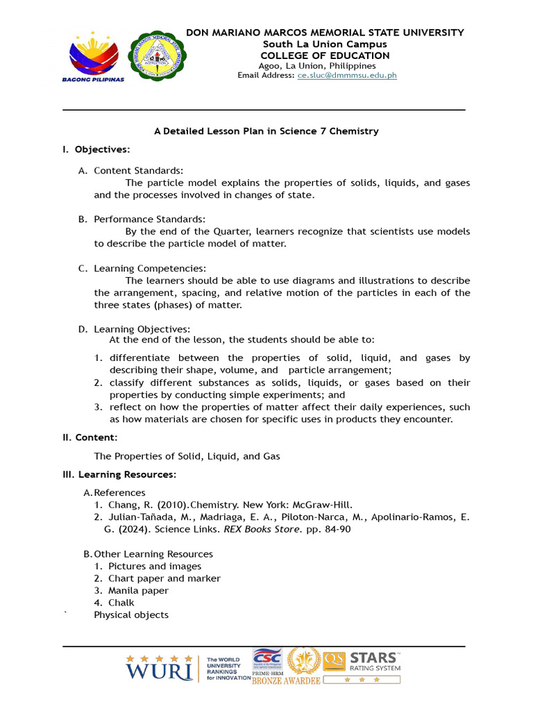 Science 7 Chemistry Lesson Plan | PDF | Gases | Matter