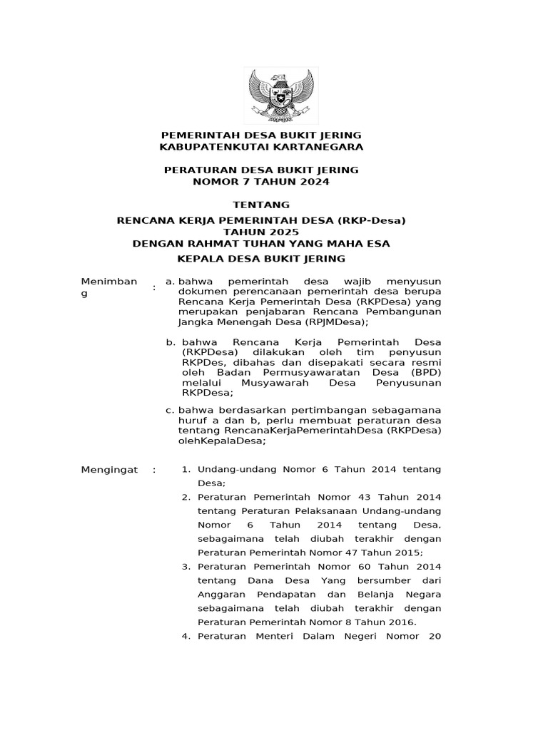 RKPDesa Bukit Jering 2025: Peraturan Desa | PDF