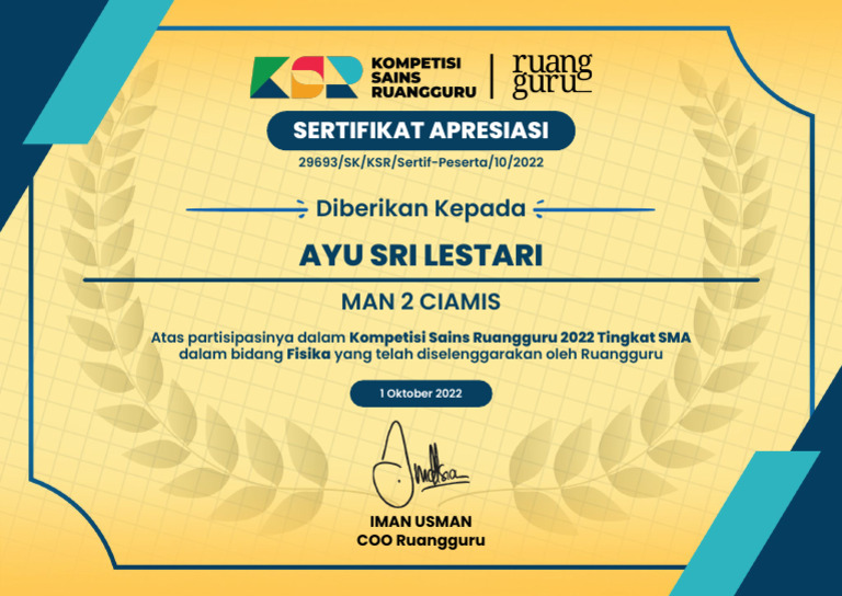 Ayu Sri Lestari - Sertifikat Peserta Ksr 2022 | PDF