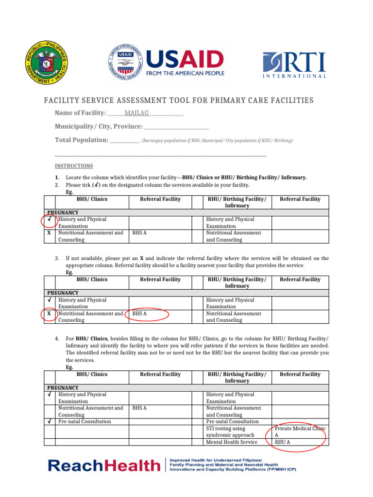 Facility Service Assessment Tool For Primary Care Facilities | PDF ...