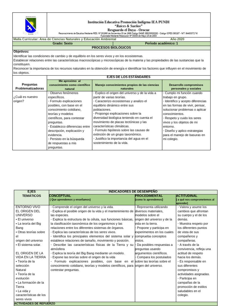 Plan Sexto Periodo Uno 2020 | PDF | Vida | Universo