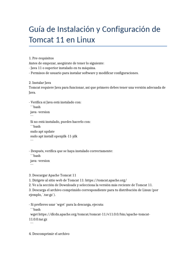 Guia Instalacion Tomcat 11 Linux | PDF | Java (lenguaje de programación) | Tecnología de sistema ...