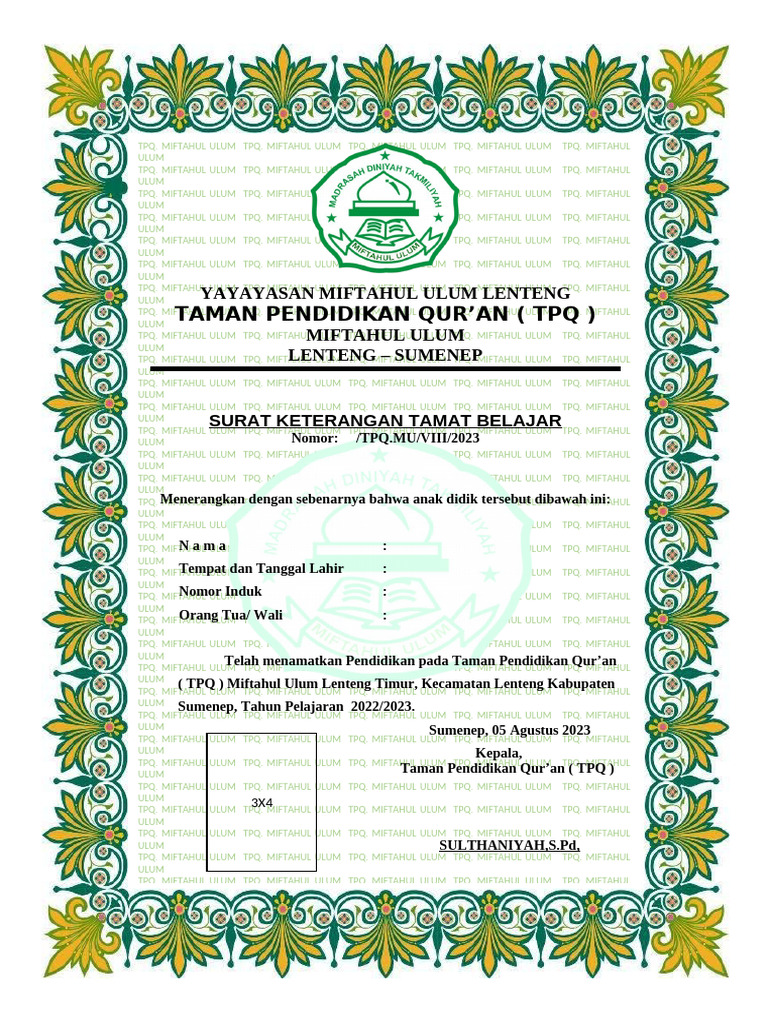 CONTOH IJAZAH TPQ ASLI 2022 | PDF