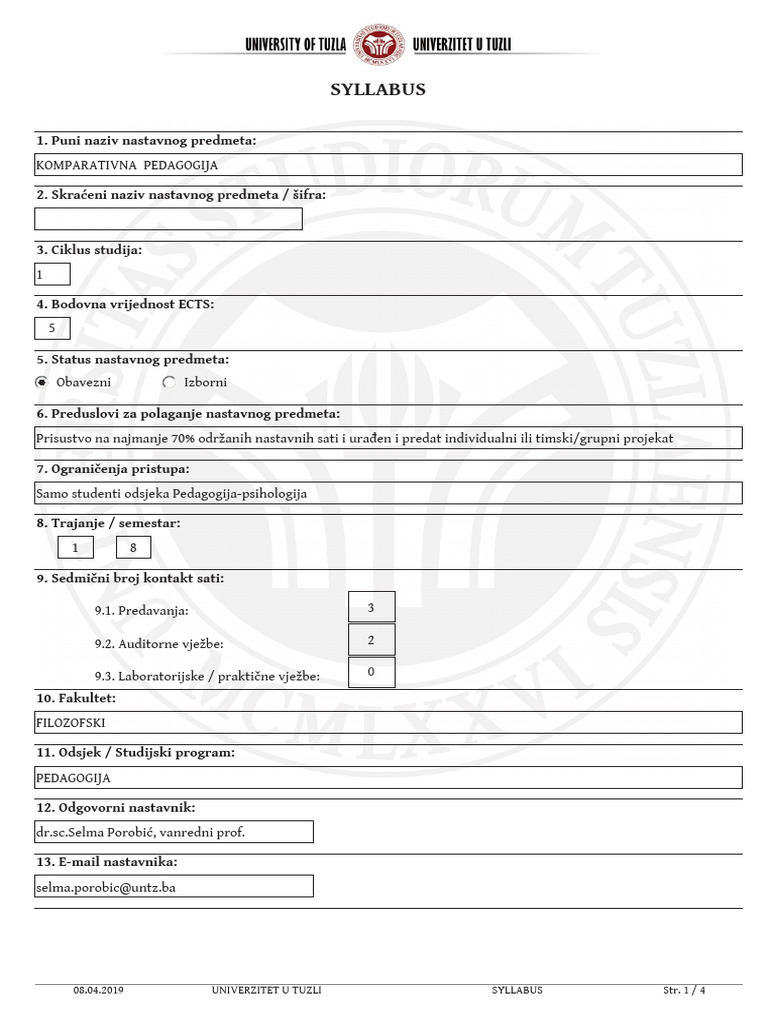 Komparativna Pedagogija - SYLLABUS | PDF