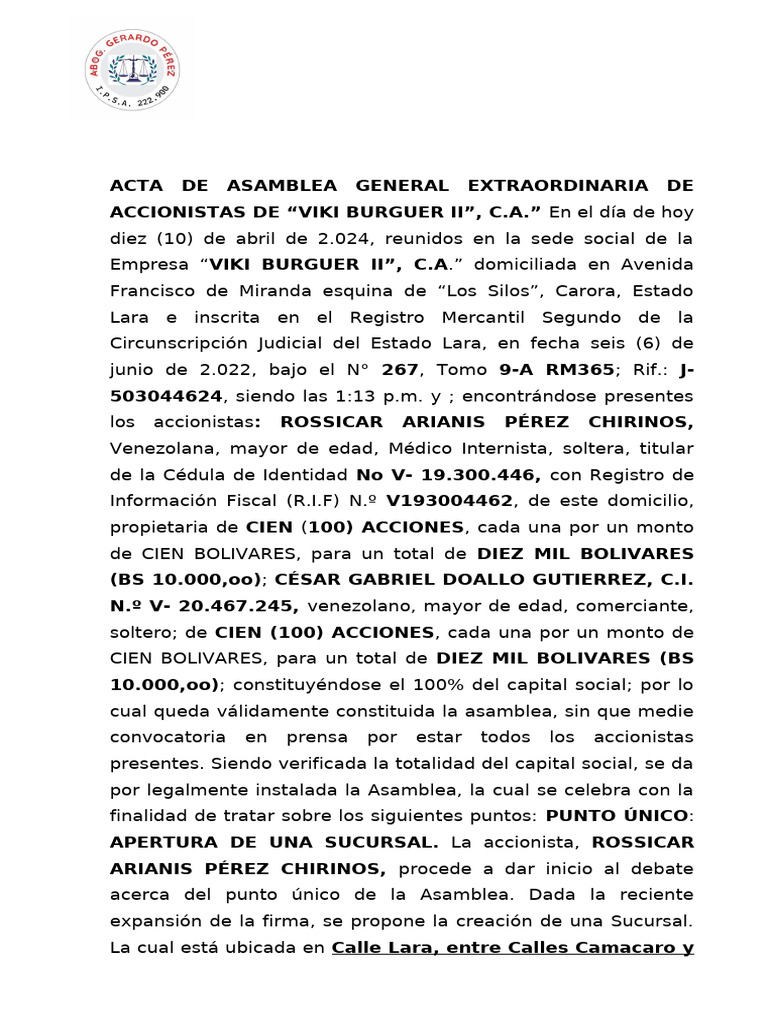 Acta de Asamblea General Extraordinaria Vicky Burguer II Sucursal | PDF