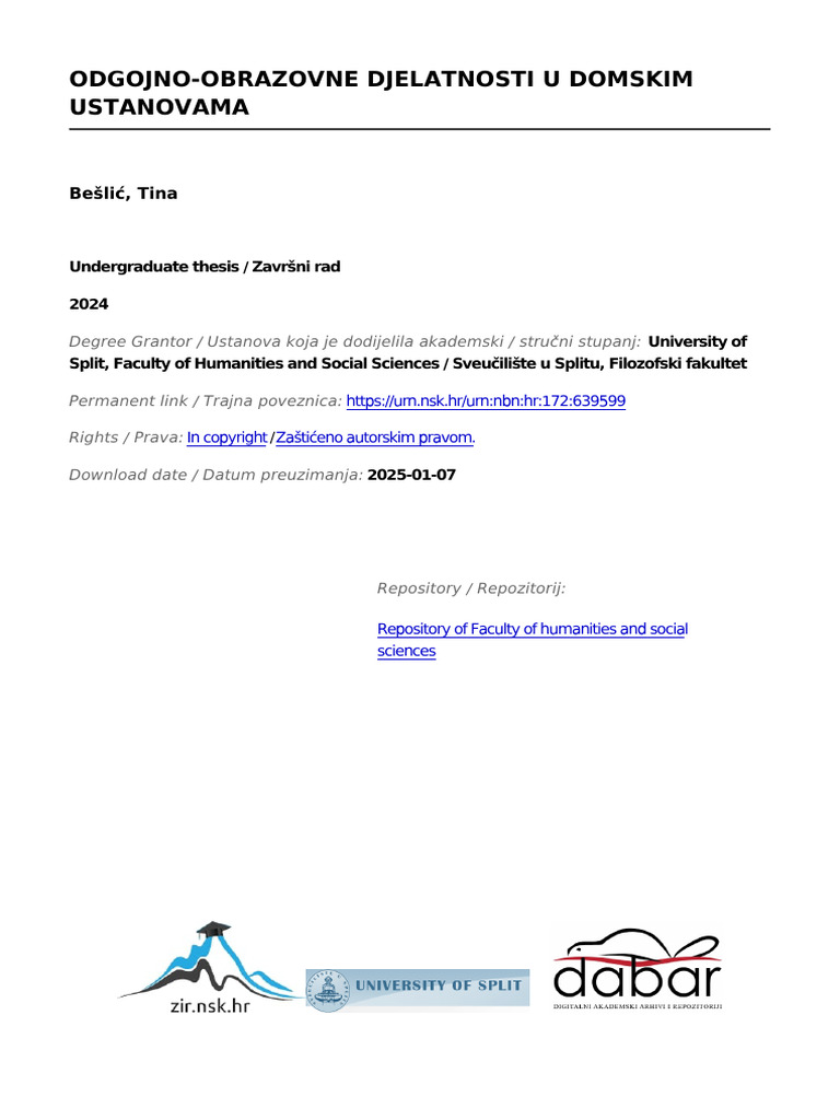 Odgojno-Obrazovne Djelatnosti U Domskim Ustanovama | PDF