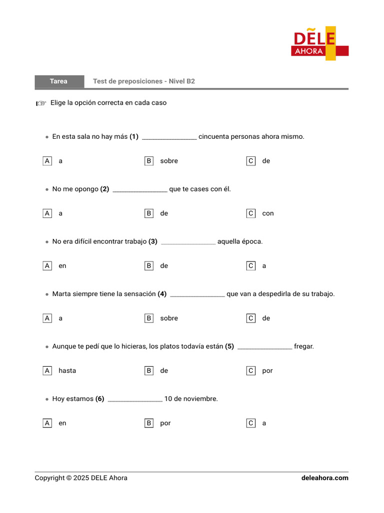 Test de Preposiciones - Nivel B2 - Actividad de Gramática - Test-De ...