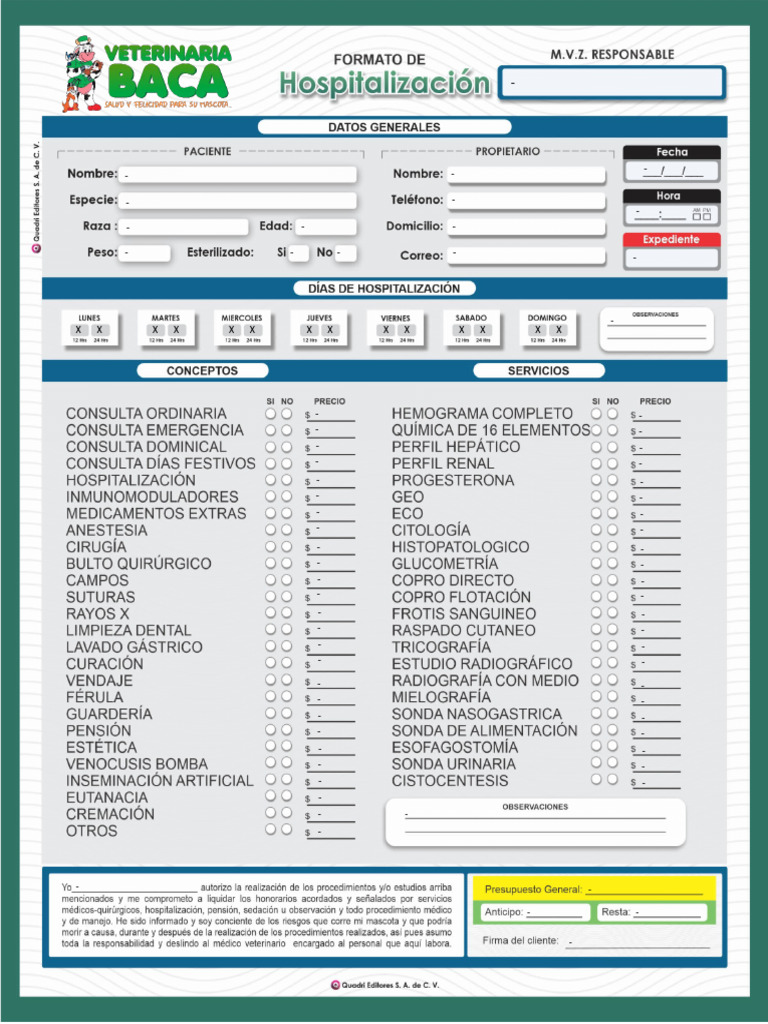 Formato de Hospitalización - Veterinarios para Clinica Veterinaria | PDF