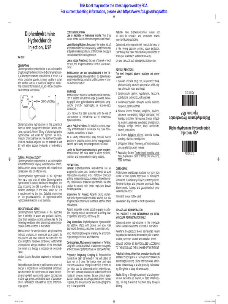 Diphenhydramine Hydrochloride Injection | PDF | Pharmacology | Clinical ...