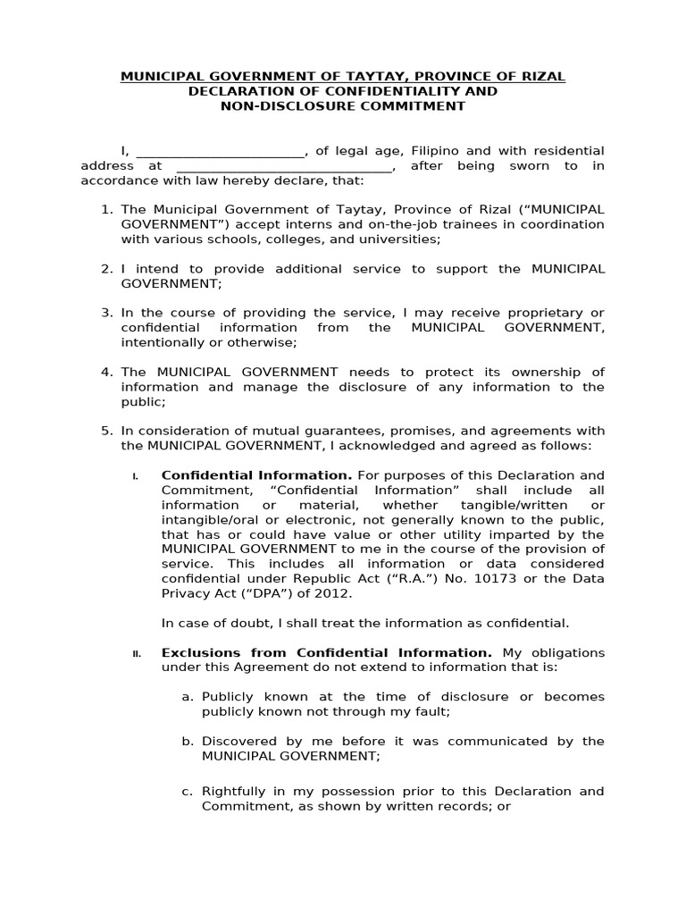 1. Declaration of Confidentiality and Non Disclosure Commitment Template | PDF | Non Disclosure ...