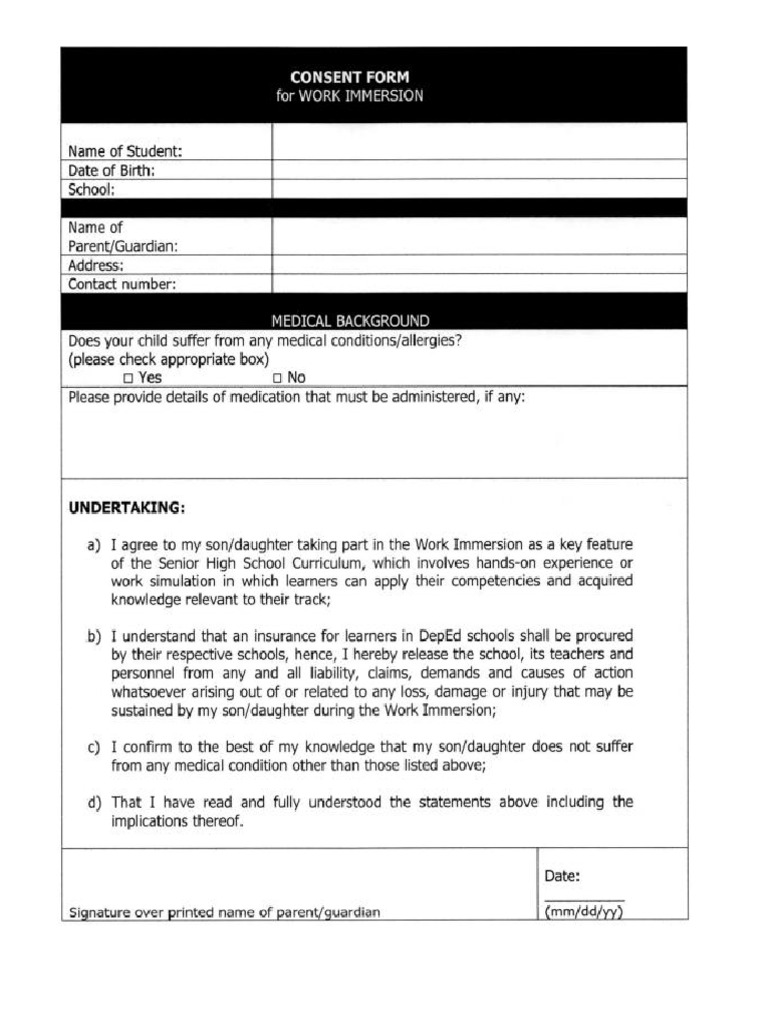 Parental Consent For Work Immersion | PDF