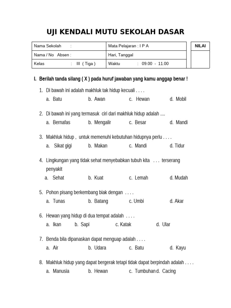 Soal Uji Kendali Mutu (UKM) SD Kelas 3 - IPA (soal dan jawaban) | PDF