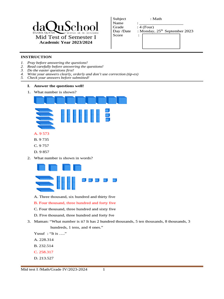 Grade 4 Math Midterm Test | PDF