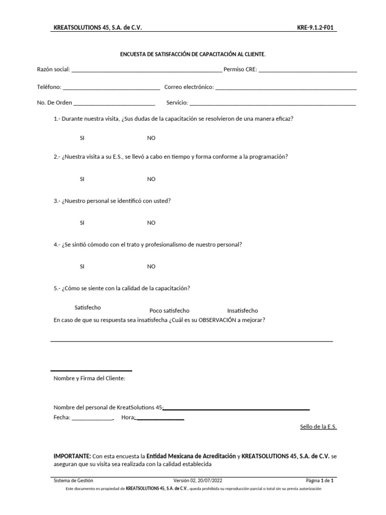 KRE-9.1.2-F01 ENCUESTA KREAT CAPACITACION ver 02 | PDF