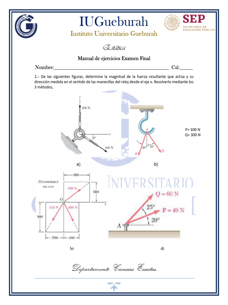 Examen Estatica - 1 | PDF | Mecánica | Ingeniería mecánica