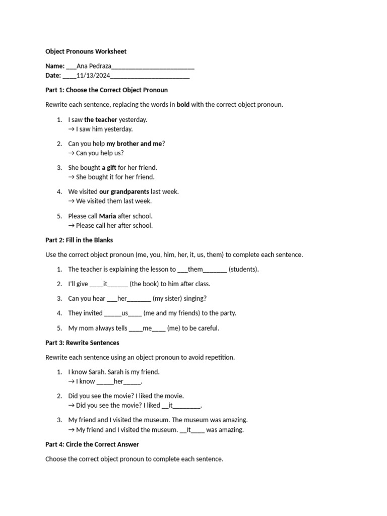 Object Pronouns Worksheet | PDF