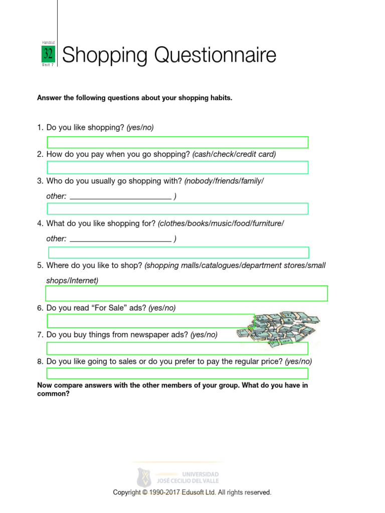 Tarea 13 Basic I Handout 32 Unit 7 For Sale Shopping Questionnaire | PDF