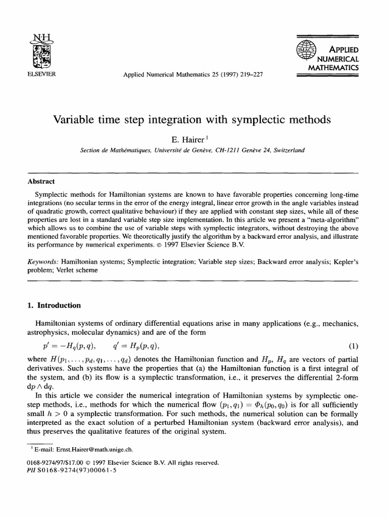 Variable Time Step Integration With Symplectic 1997 Applied Numerical Mathem | PDF | Hamiltonian ...
