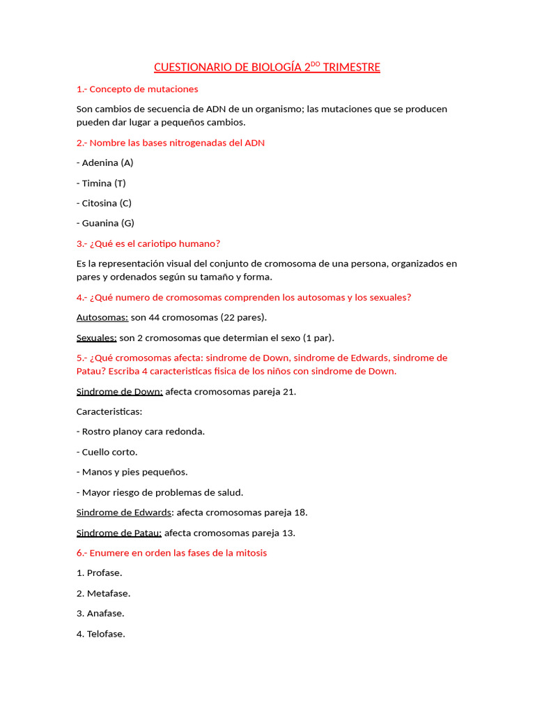 CUESTIONARIO DE BIOLOGIA | PDF