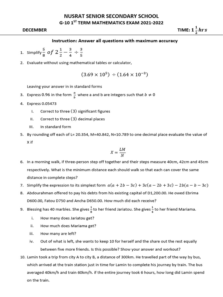 G-10 Math Exam 2021-2022 | PDF | Significant Figures | Mathematics