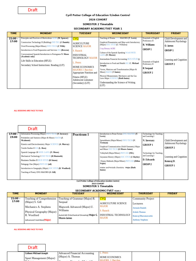 Semester 2 and 5 Timetables 2024 | PDF