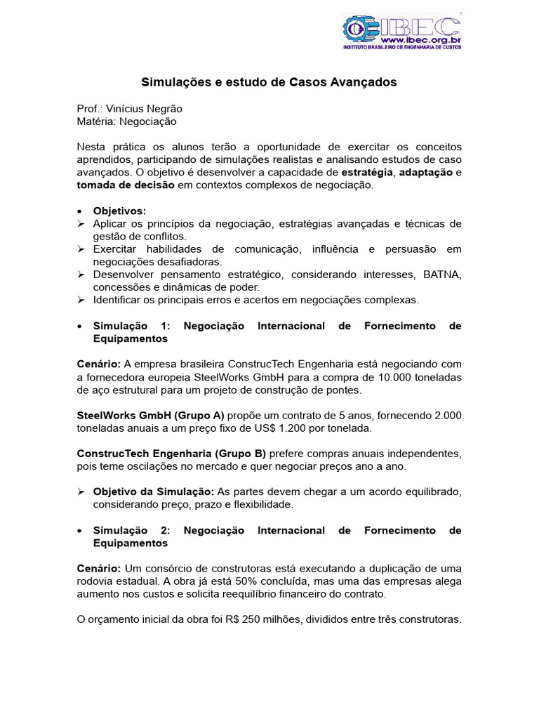 Simulações Avançadas em Negociação | PDF | Custo | Engenharia