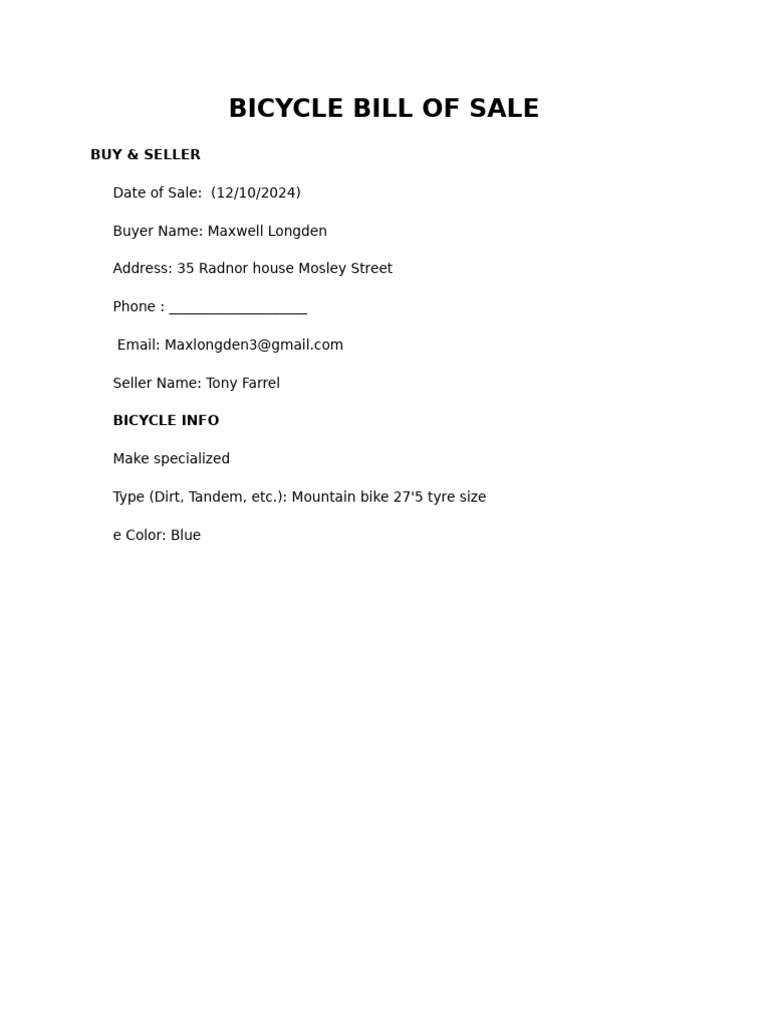 Bicycle Bill of Sale - Maxwell & Tony | PDF