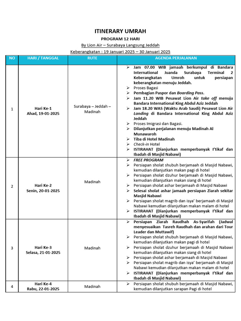 Itinerary Umrah 12 Hari Lion Air 2025 | PDF