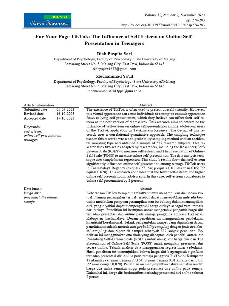 The Influence of Self-Esteem on Online Self-Presentation in Teenagers | PDF | Self Esteem ...