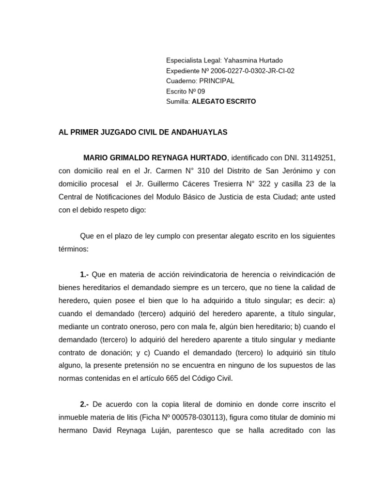 Alegato Mario Reynaga | PDF | Herencia | Demanda judicial