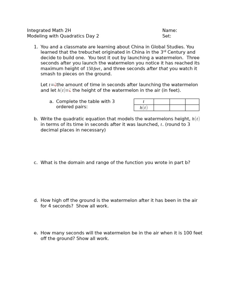 Modeling With Quadratics Day 2 | PDF